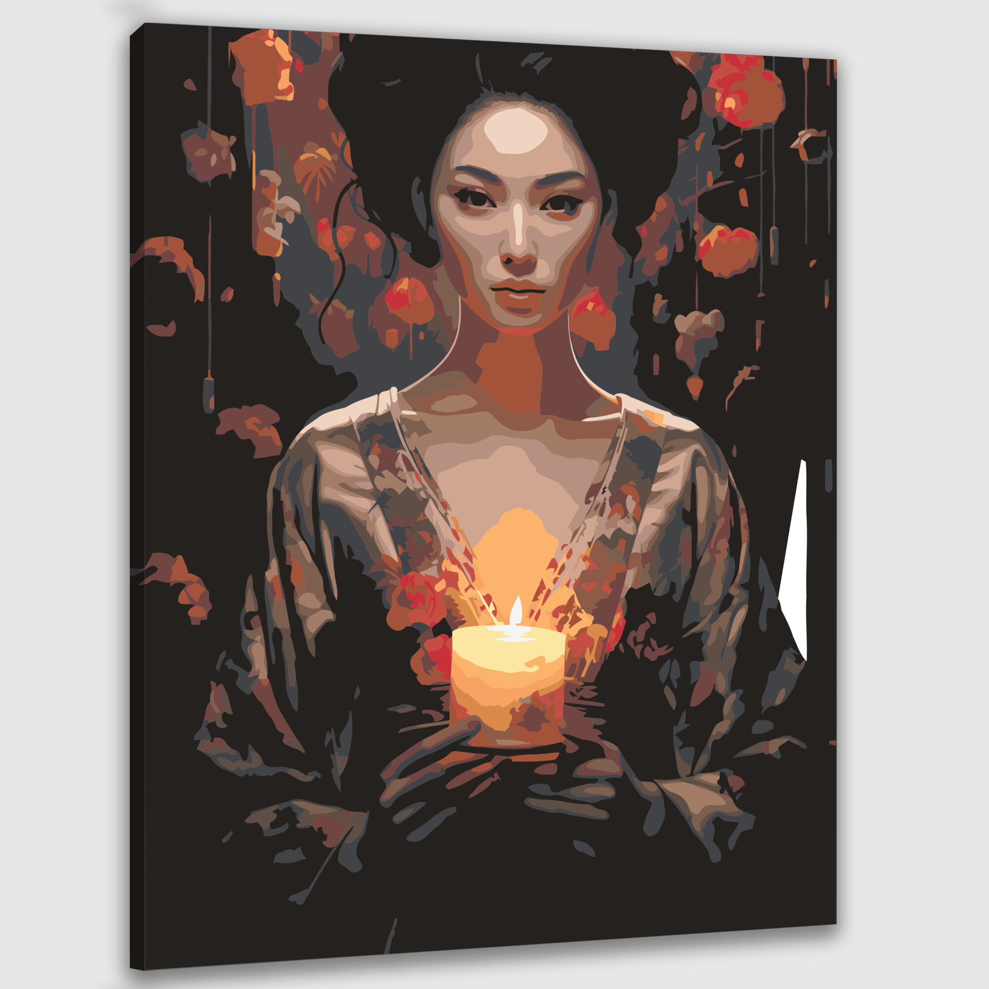 Картина по номерам 40x50 см, гейша, японская, кимоно, цветочные узоры, фарфоровая кожа, свечи, грация, элегантность