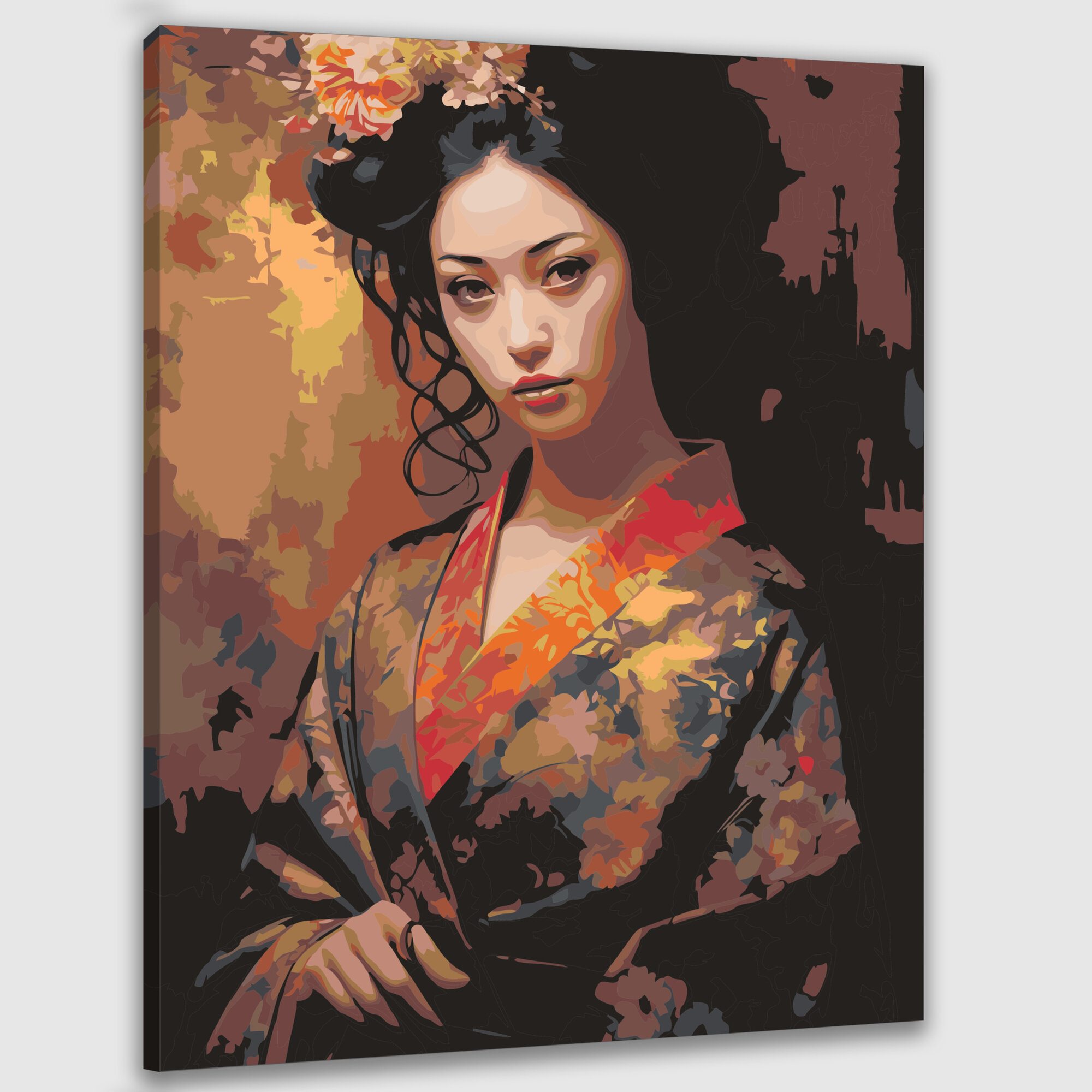 Картина по номерам 40x50 см, гейша, кимоно, узоры, цвета, текстура, масляная среда, соблазнение, очарование, мазок