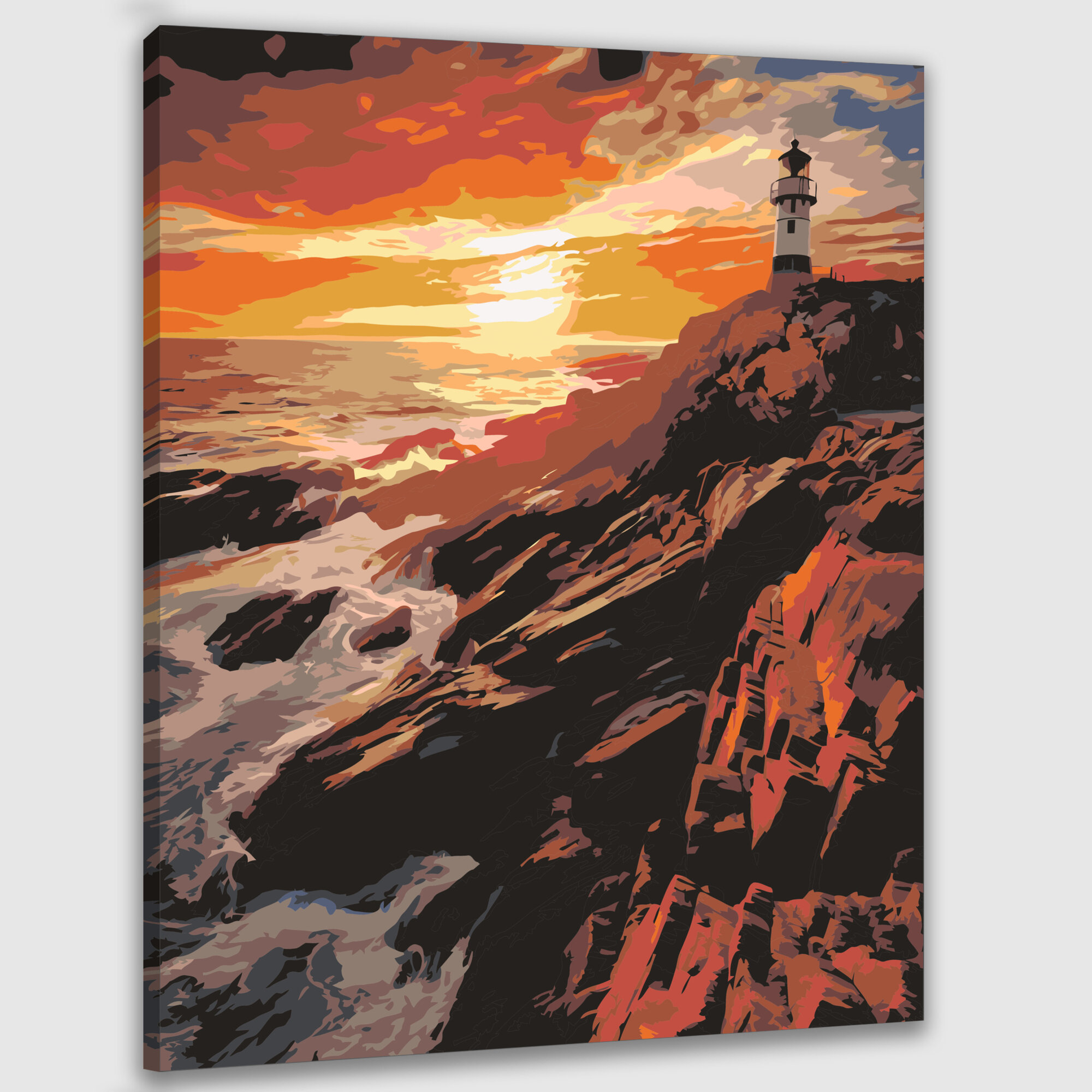 Картина по номерам 40x50 см, маяк, скалистый утес, океан, небо, облака, закат, свет, текстура скал, выветренное дерево