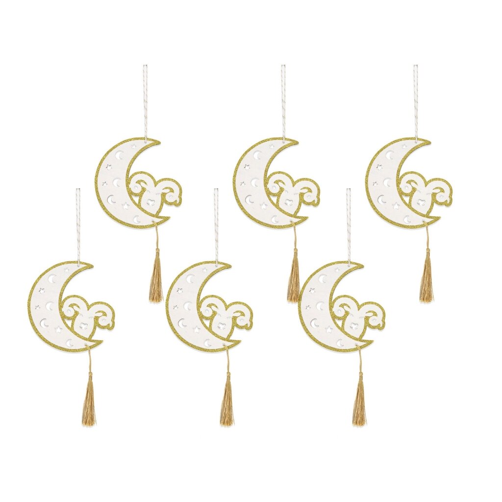 Набор из 6 деревянных подвесных украшений с головой козла, звездой и луной, бахрома, декор для дома и мечети