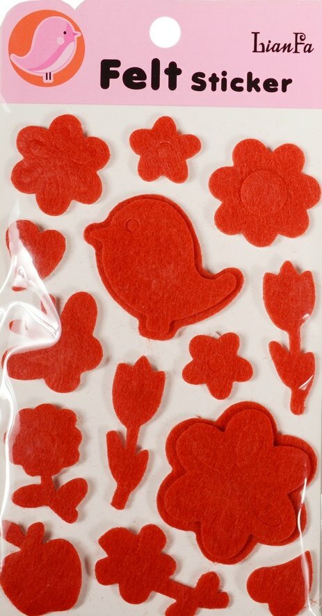 Стикеры фетровые однослойные и двухслойные на подложке в пакете с подвесом, птицы и цветы (11-219