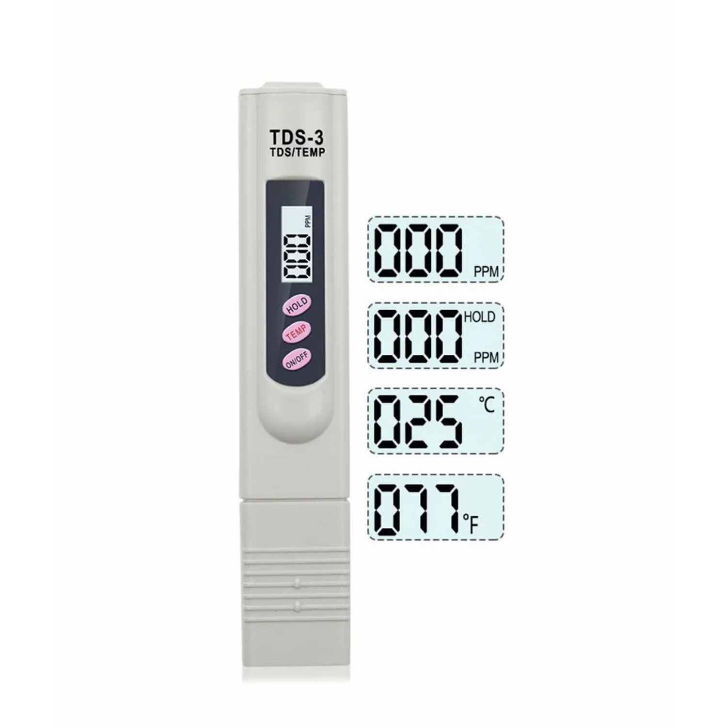 Тестер качества воды TDS-3 Цифровой измеритель чистоты воды Диапазон измерения 0-9990 ppm(mg/l) Температура воды 0-80℃ Значение деления 1 ppm Точность ±2% Источник питания 2 кнопочных батарейки(входят в комплект) 1 шт. Тестер качества воды