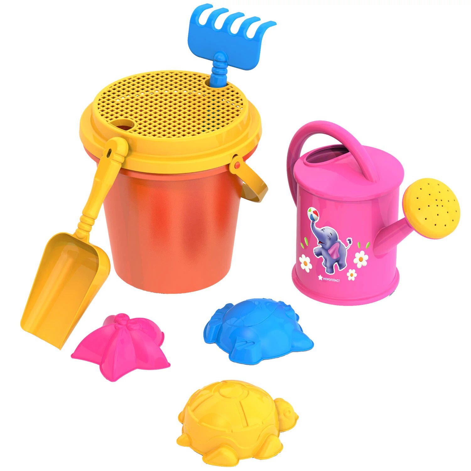 Набор для игр в песке: ведерко с ситом, лейка, совок, грабельки, 3 формочки "Морские", нордпласт, 2шт.