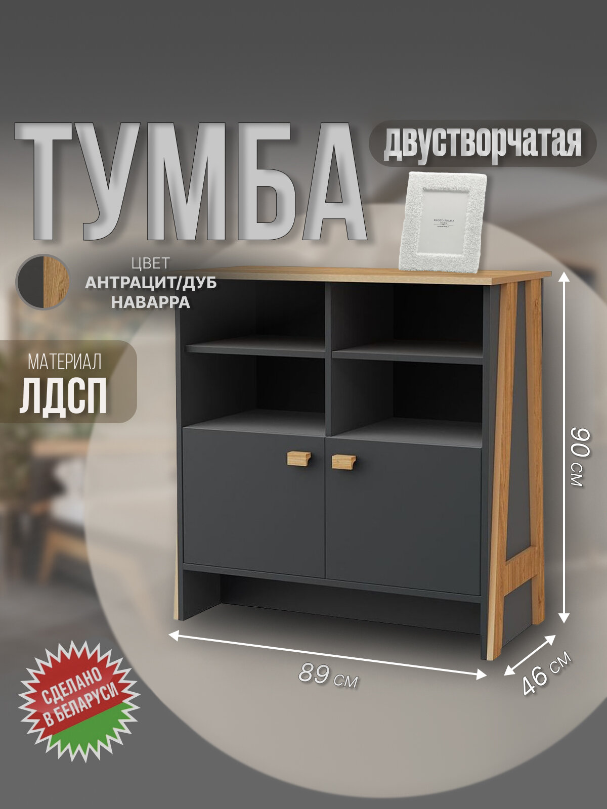 Тумба в гостиную «Скандинавия 2Д 1» КМК 0905.32, напольная, с нишами и дверцами, Антрацит/ дуб наварра