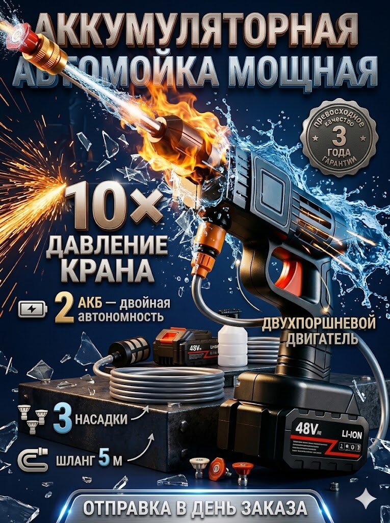 Мойка высокого давления аккумуляторная для автомобиля, Автомойка, в кейсе 2 аккумулятора, 3 насадки