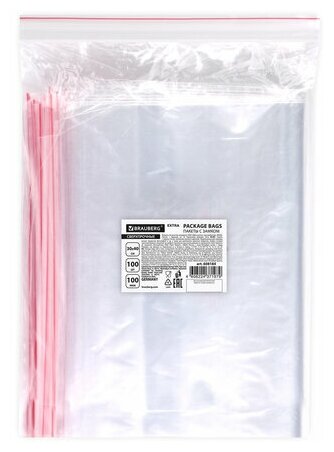 Пакеты ZIP LOCK "зиплок" сверхпрочные, комплект 100 шт, 30х40 см, ПВД, 100 мкм, BRAUBERG EXTRA, 608184