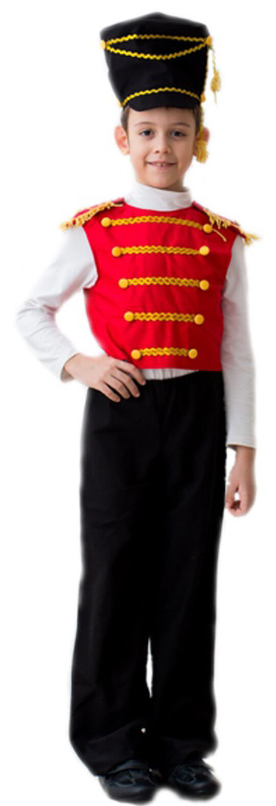 Карнавальный костюм детский "Гусар", праздничный наряд для мальчика (безрукавка, картуз, брюки), 5-7 лет, рост 122-134 см