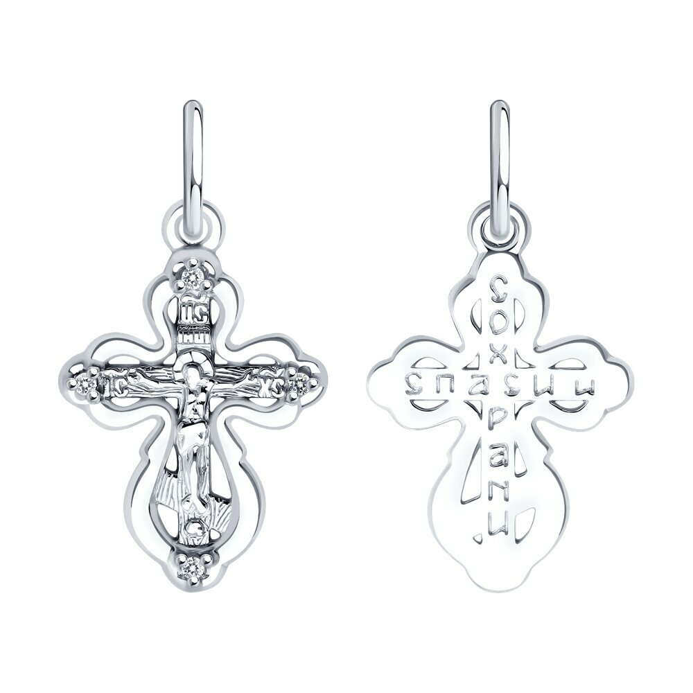 Крестик, серебро, 925 проба, родирование, фианит