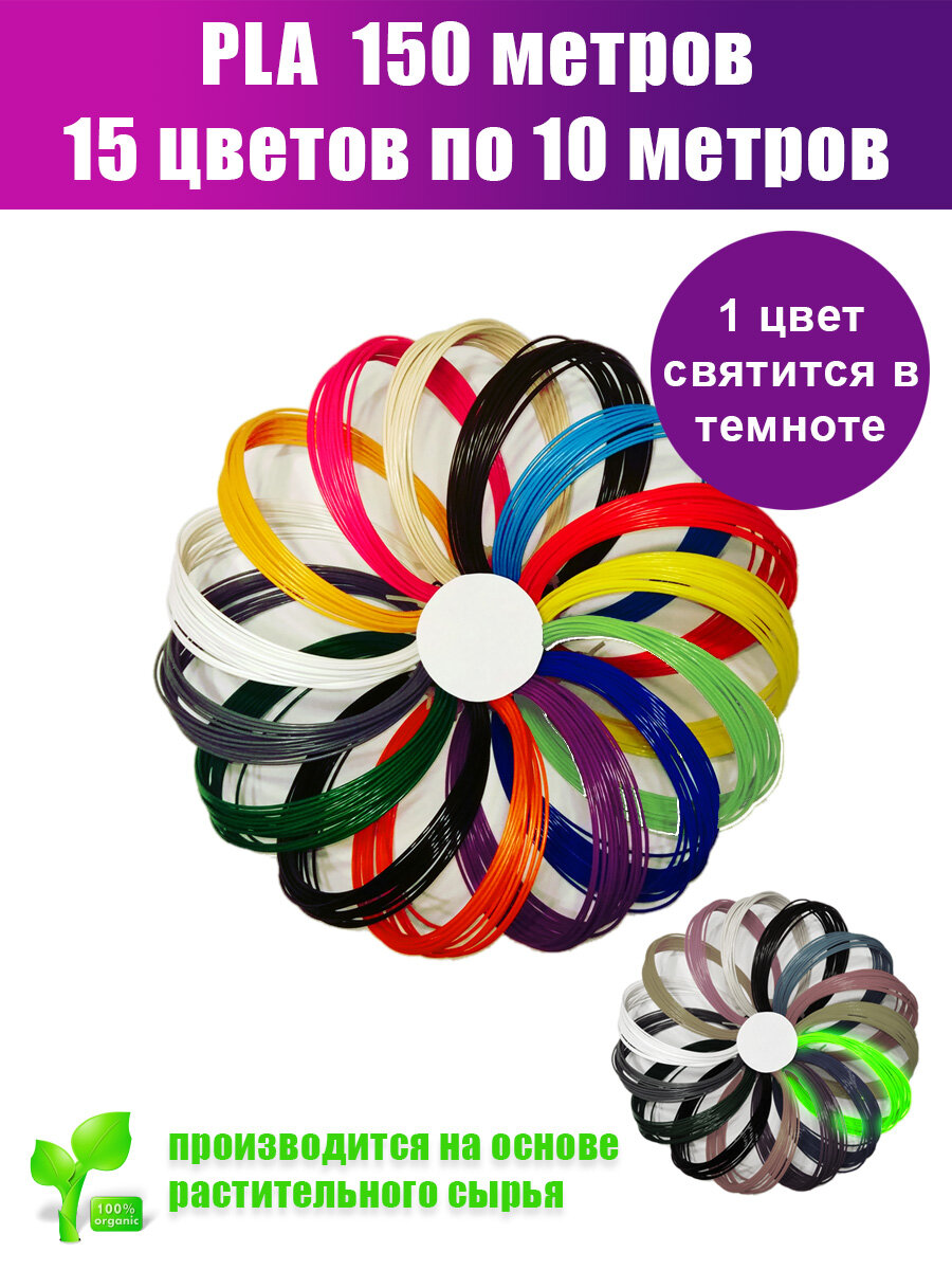 Набор PLA пластика для 3D ручек, 15 цветов по 10 метров