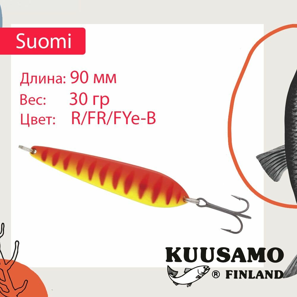 Блесна для рыбалки Kuusamo Suomi 90/30 R/FR/FYe-B, UV (колеблющаяся)