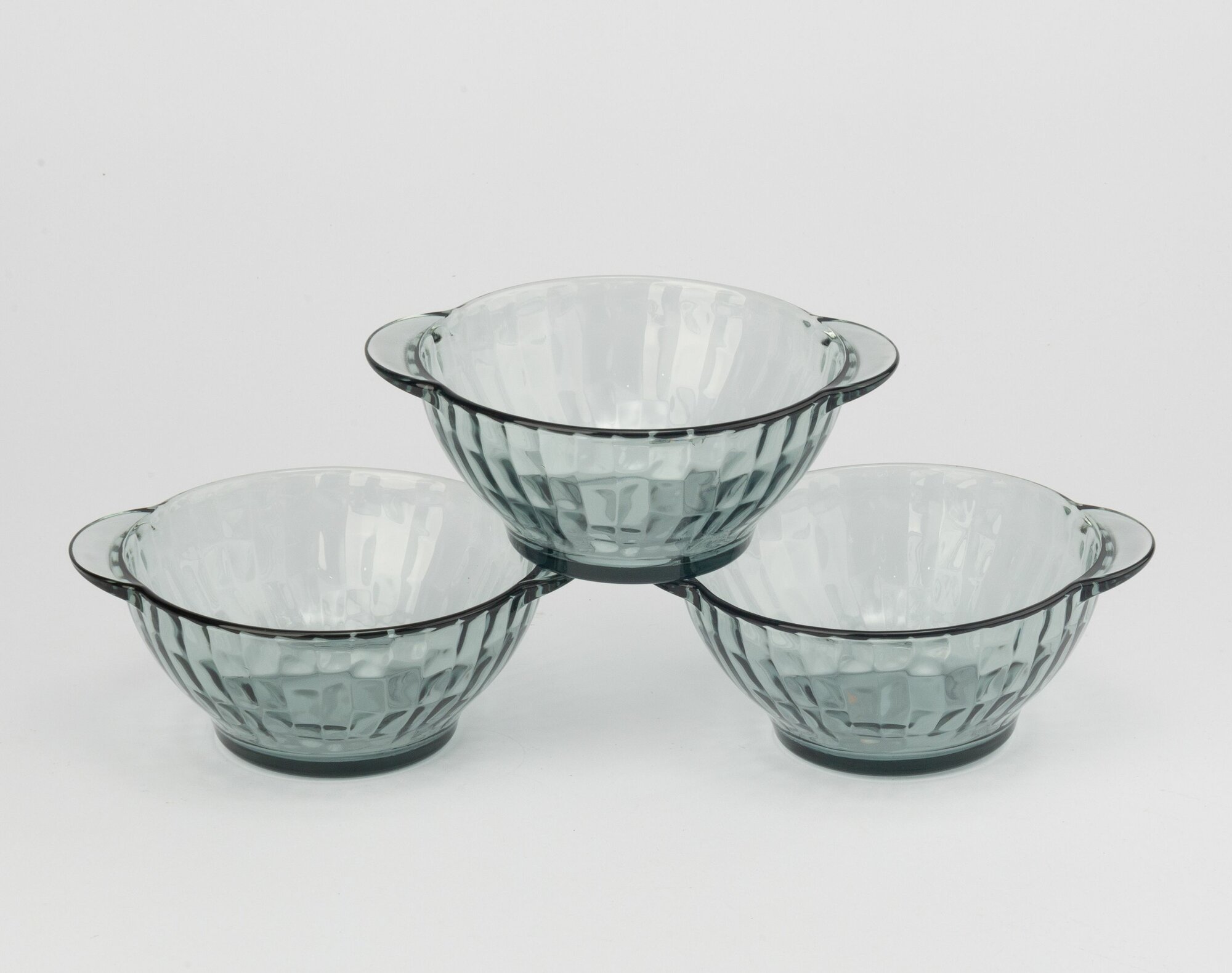 Супница-бульонница дымчатая стеклянная с ручками-ушками 510 мл. Набор из 3 штук