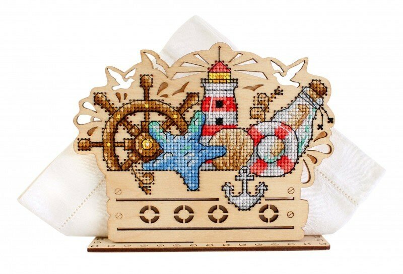 Набор для вышивания Щепка #О-106 Салфетница "Морские сокровища", Счетный крест, 12 х 15 х 5 см