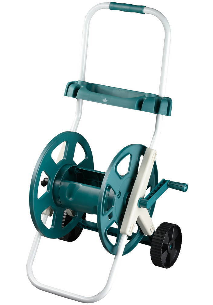 RACO для шлангов 60 м х 1/2″, усиленные колеса, стальные опоры и рукоятка, пластиковый корпус, доп. полочка, катушка для шлангов (4260-55/584)