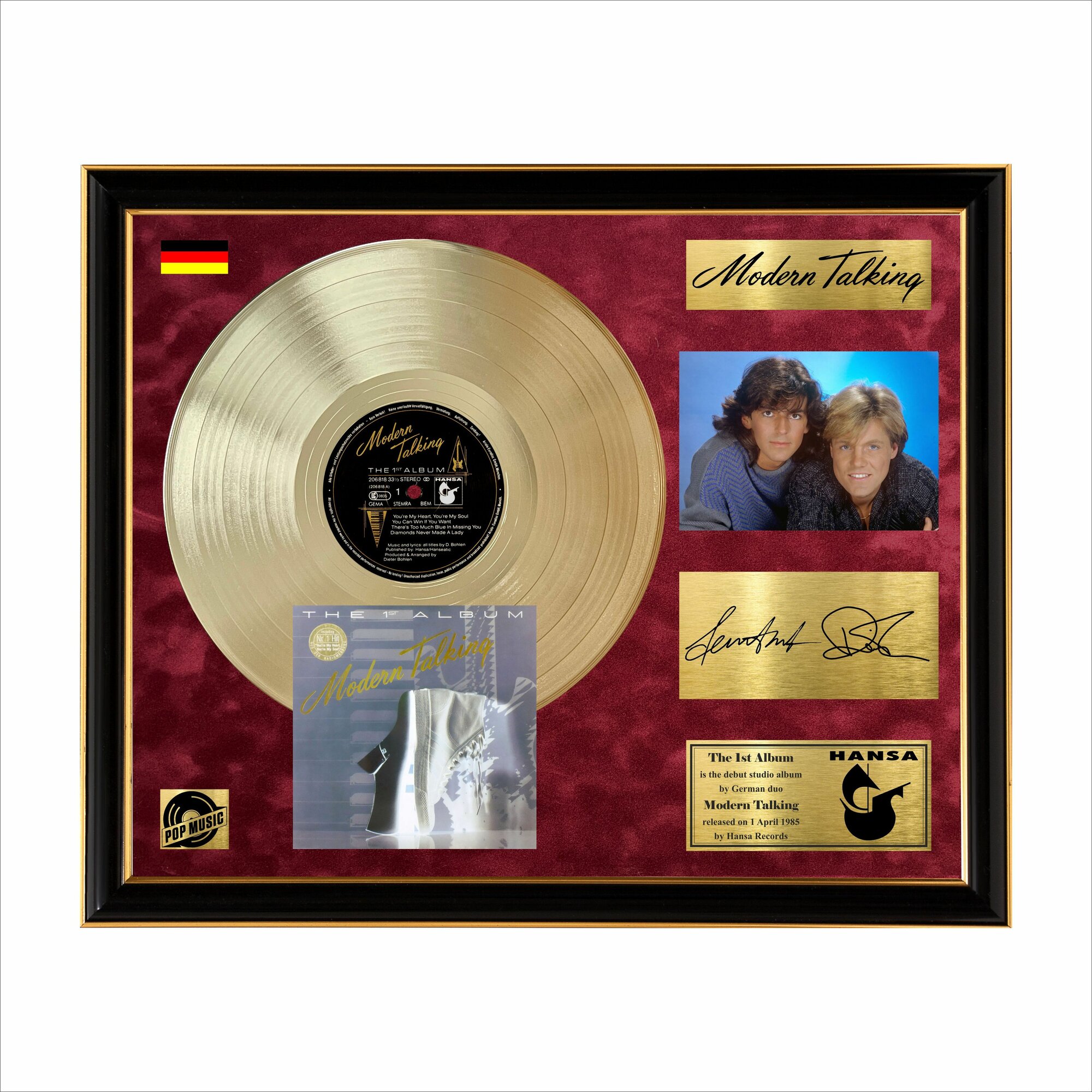 Золотой винил Modern Talking 1st album с автографами Томаса Андерса и Дитера Болена в рамке