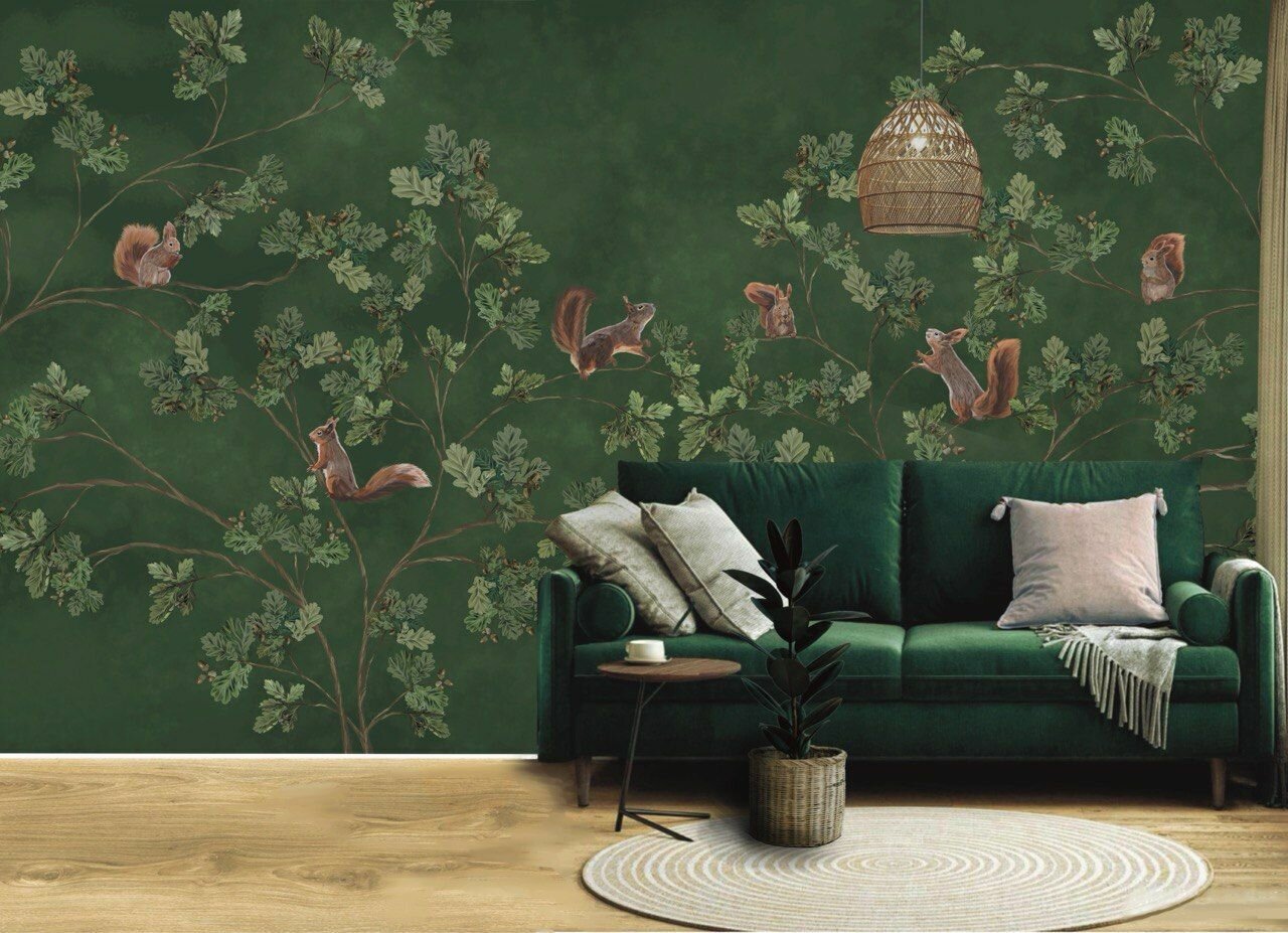 Обои бесшовные "Белочки" зеленый (ширина 2550мм х длина 3500мм)