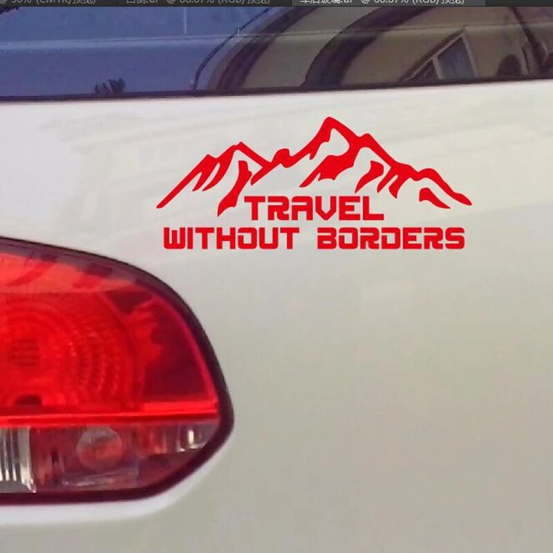 Наклейка на авто "Travel Without Borders", красная, 20x8 см