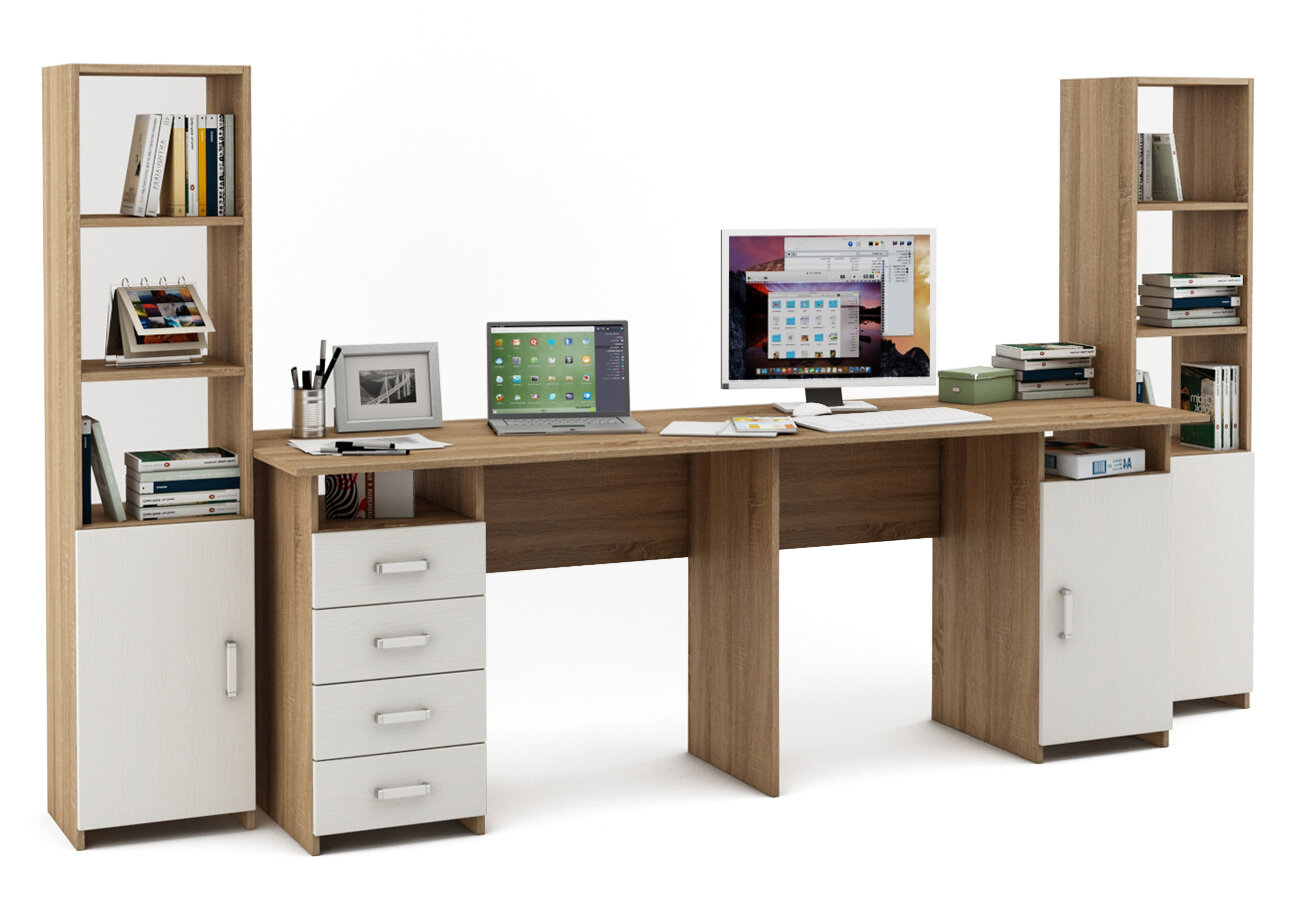 Стол письменный, компьютерный для школьника Лайт (Ньюкасл) 14, для двоих, письменный стол, стеллажи, 287,4х60х149,2 см