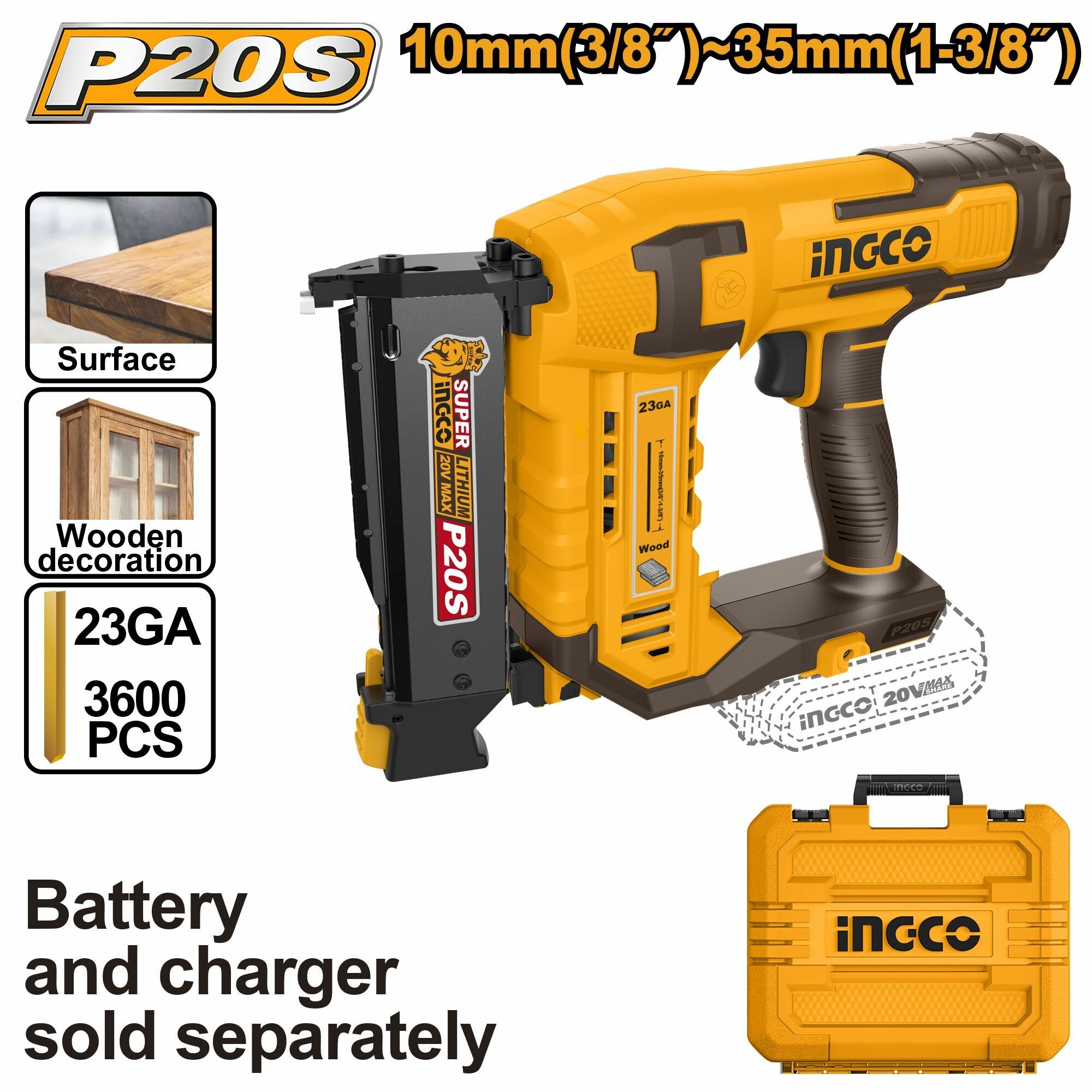 Аккумуляторный нейлер шпилькозабивной INGCO CBNLI3603 INDUSTRIAL 20 В 23GA