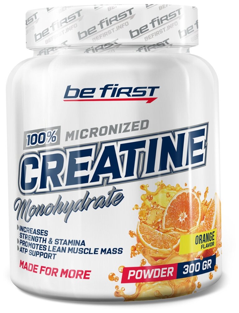 Креатин моногидрат Be First Creatine Micronized Powder (банка) - 300 грамм, апельсин