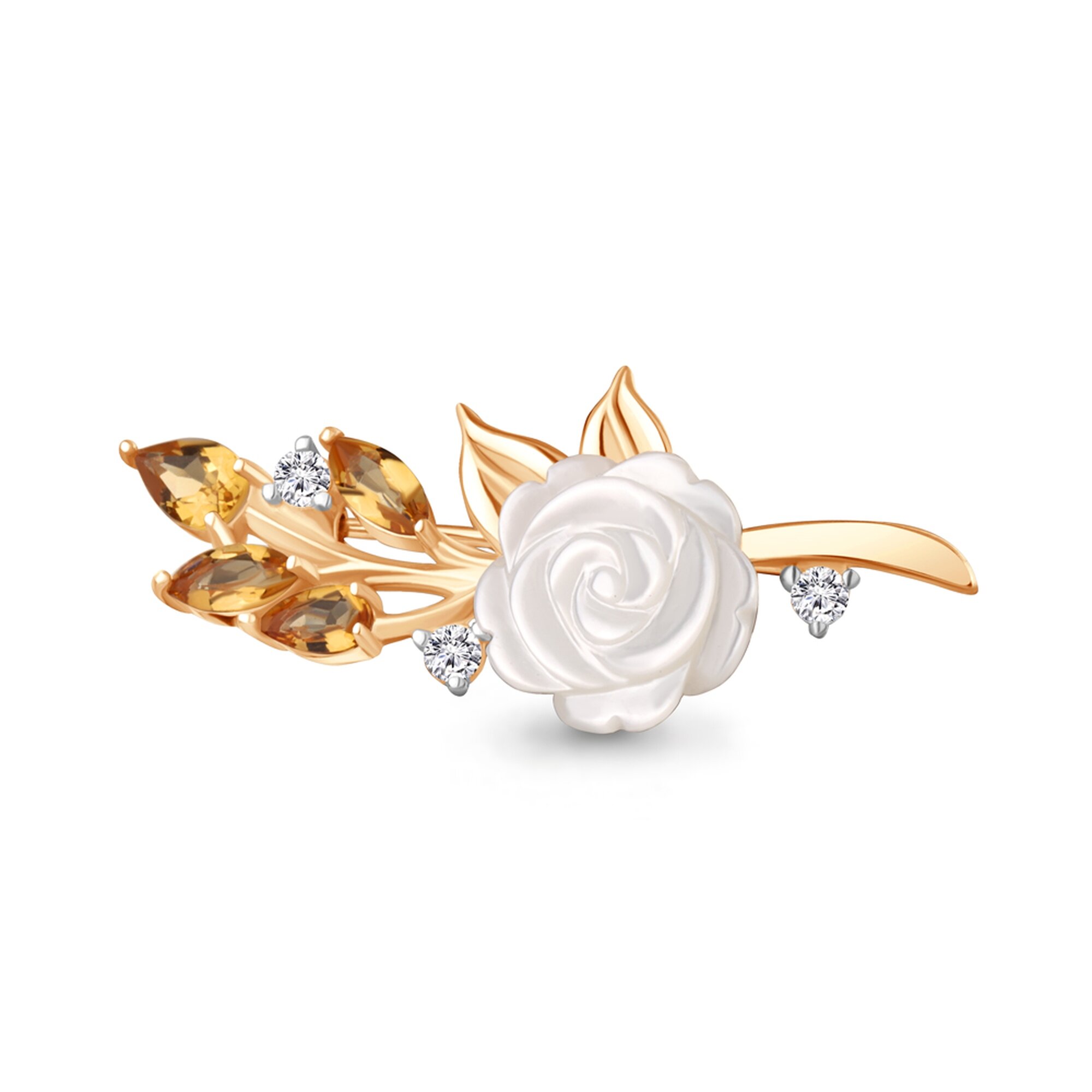 Брошь, серебро, 925 проба, золочение, перламутр, фианит, цитрин