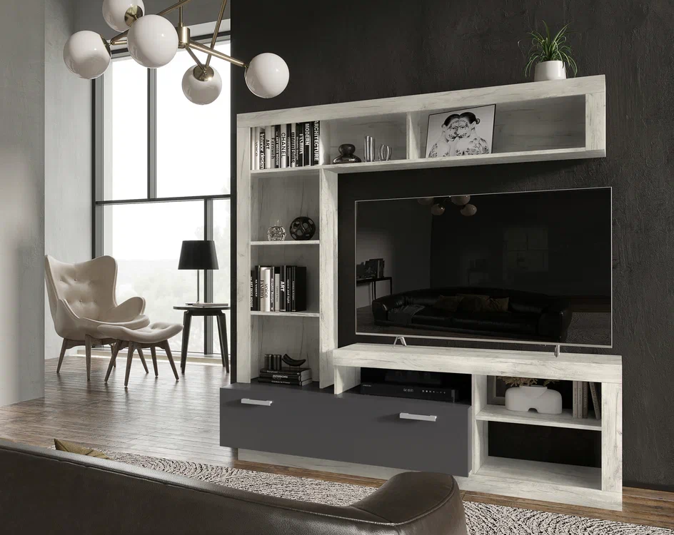 Стенка Ангара ЛДСП, 170,5х170,5х41,6 см | Центральная секция для гостиной Графит, Дуб Крафт Белый