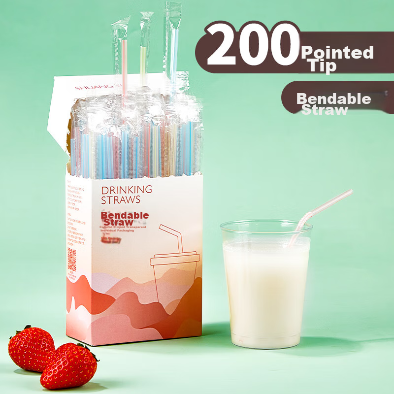SHUANG YU Straw, Calcium Yogurt, Milk Drink, Cola, 200 Pieces, Large Pack, Pointed, Bendable Plastic Straws