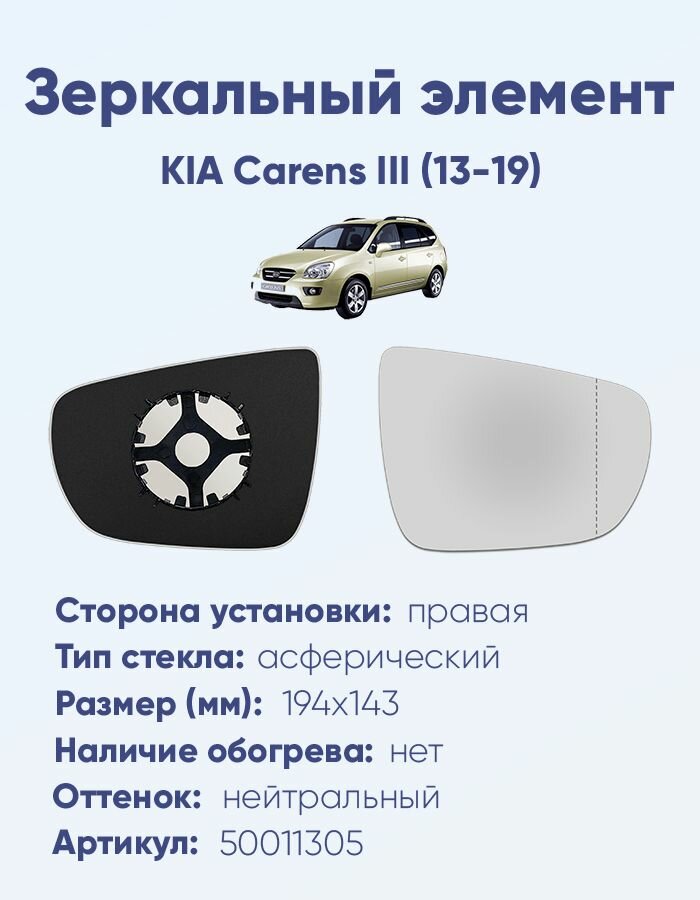 Зеркальный элемент правый KIA Carens III (13-19) асферика нейтральный без обогрева