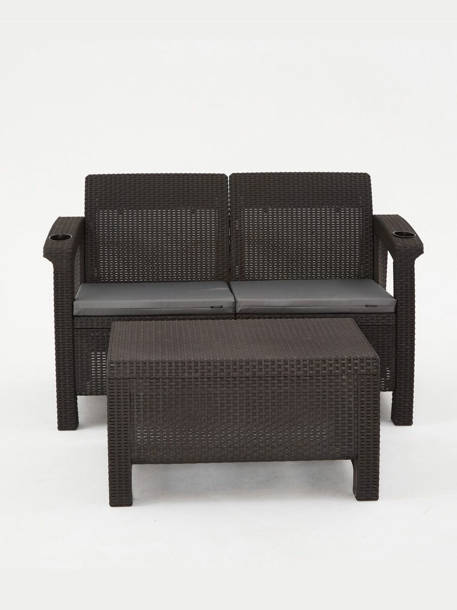 Садовая мебель. Комплект садовой мебель Фазенда-2 двухместный диван и кофейный столик), мокко, серые подушки