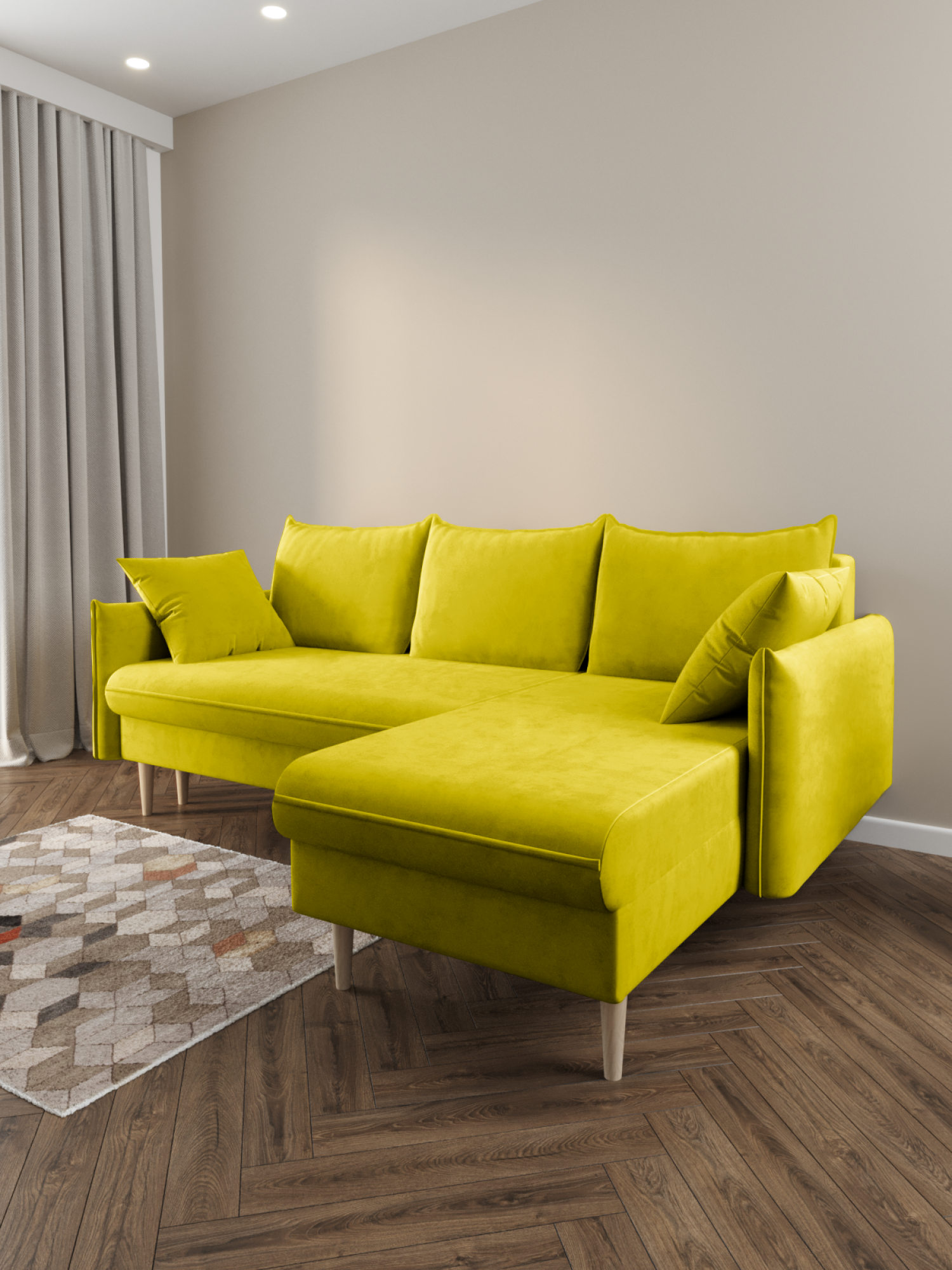 Диван-кровать угловой Фьорд с оттоманкой желтый, правый угол, механизм Тик-так, 216 х145х95 см