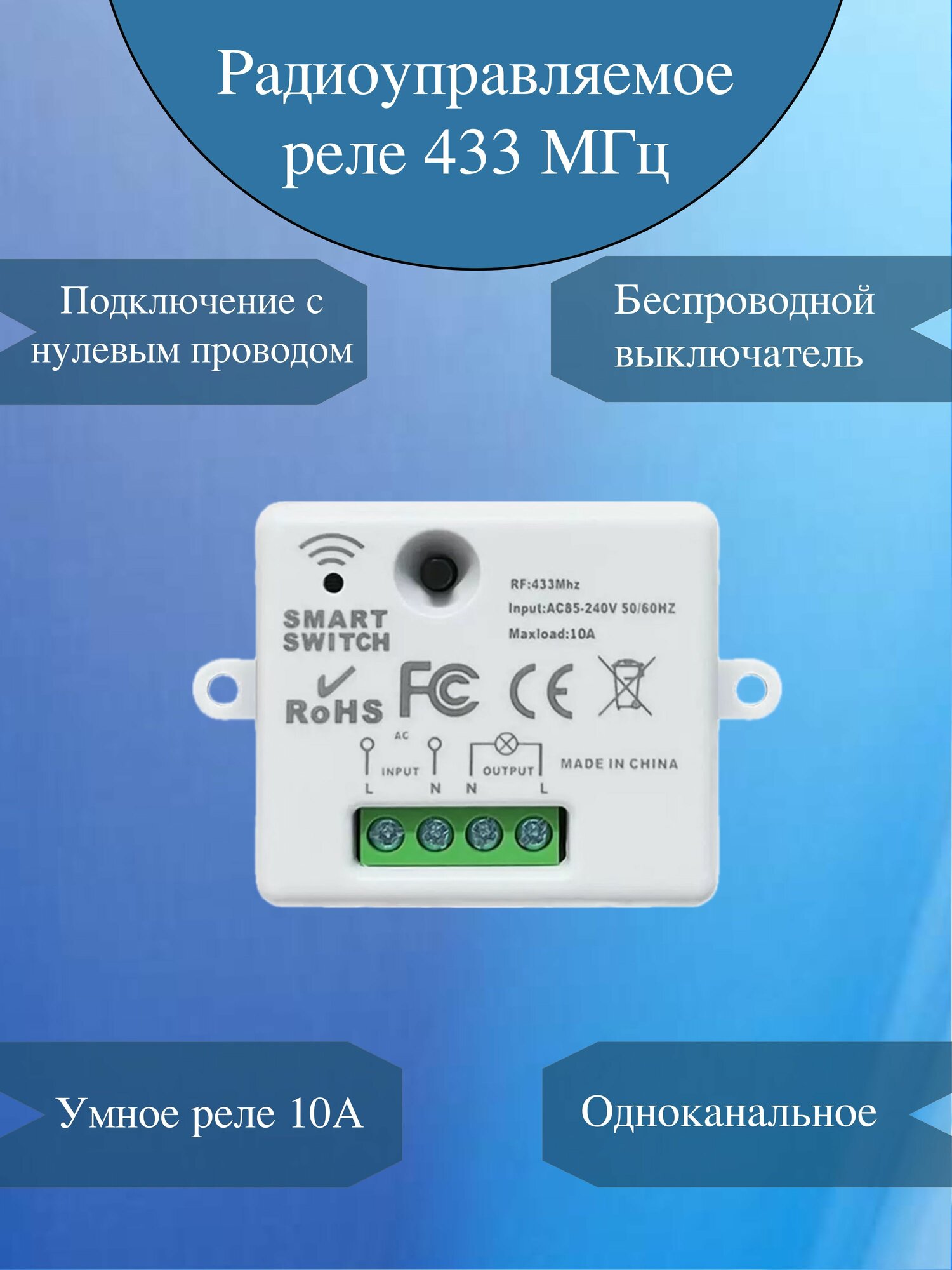 Радиоуправляемое реле 433 МГц / Радиочастотный умный выключатель / Умное реле Wi-Fi+RF