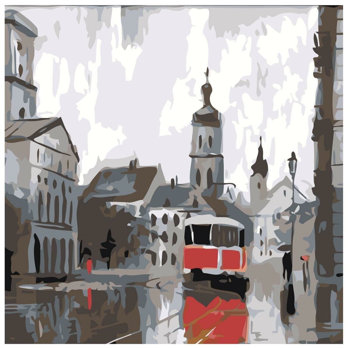 Картина по номерам, "Живопись по номерам", 40 x 40, AB01, Лондон, живопись, пейзаж, автобус, дожди, трамвай, город