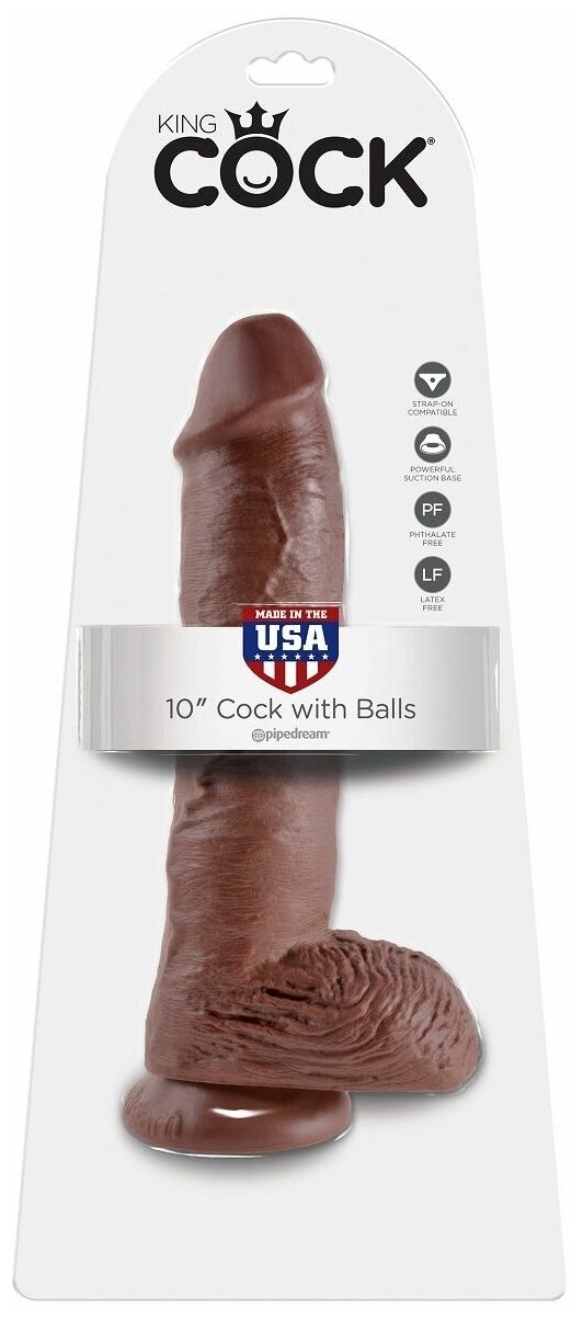 Большой коричневый фаллоимитатор с мошонкой 10 Cock with Balls на присоске - 25,4 см.