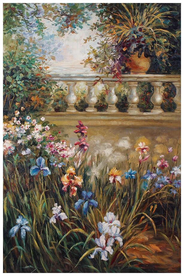 Фотообои Уютная стена "Ирисы во дворе у набережной" 180х270 см Бесшовные Премиум (единым полотном)