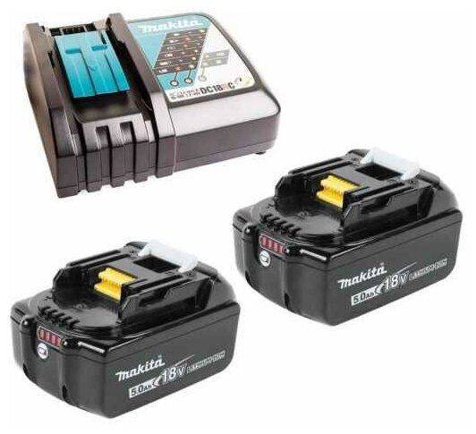 Набор Makita 2 аккумулятора BL1850B 5,0 Ач Li-Ion 18 В + зарядное устройство DC18RC