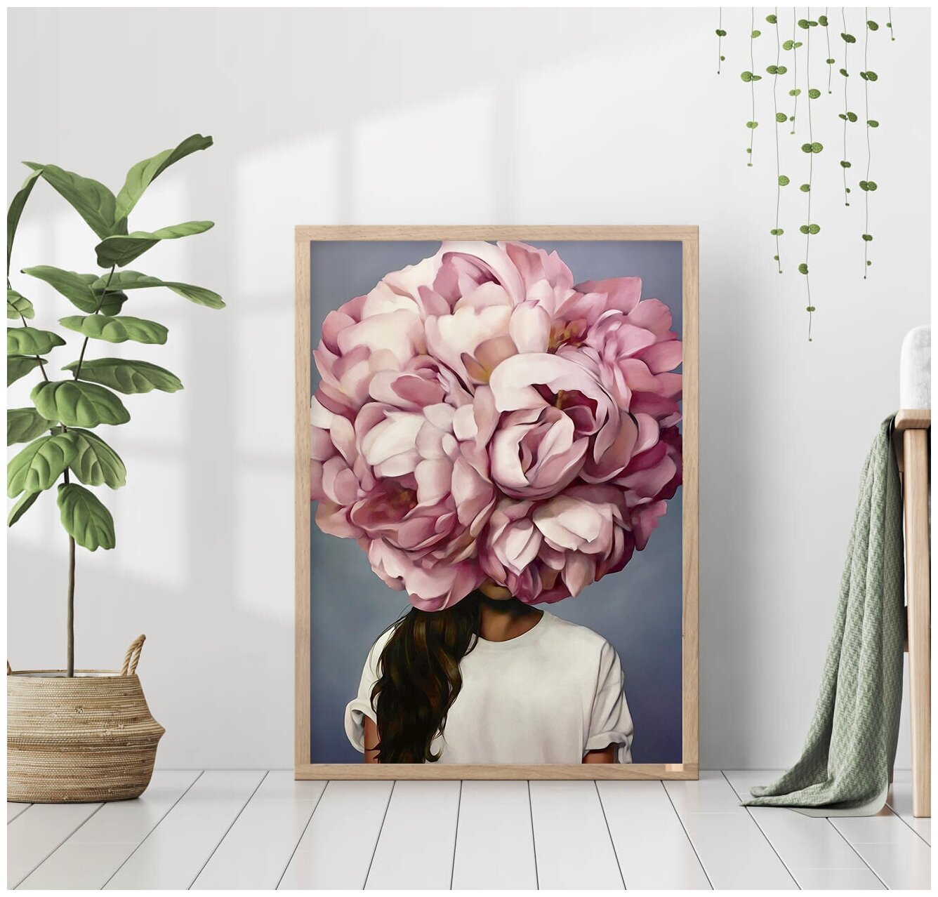Постер "Девушка с пионами без лица, Эми Джадд" 50x70 без рамки на стену для интерьера