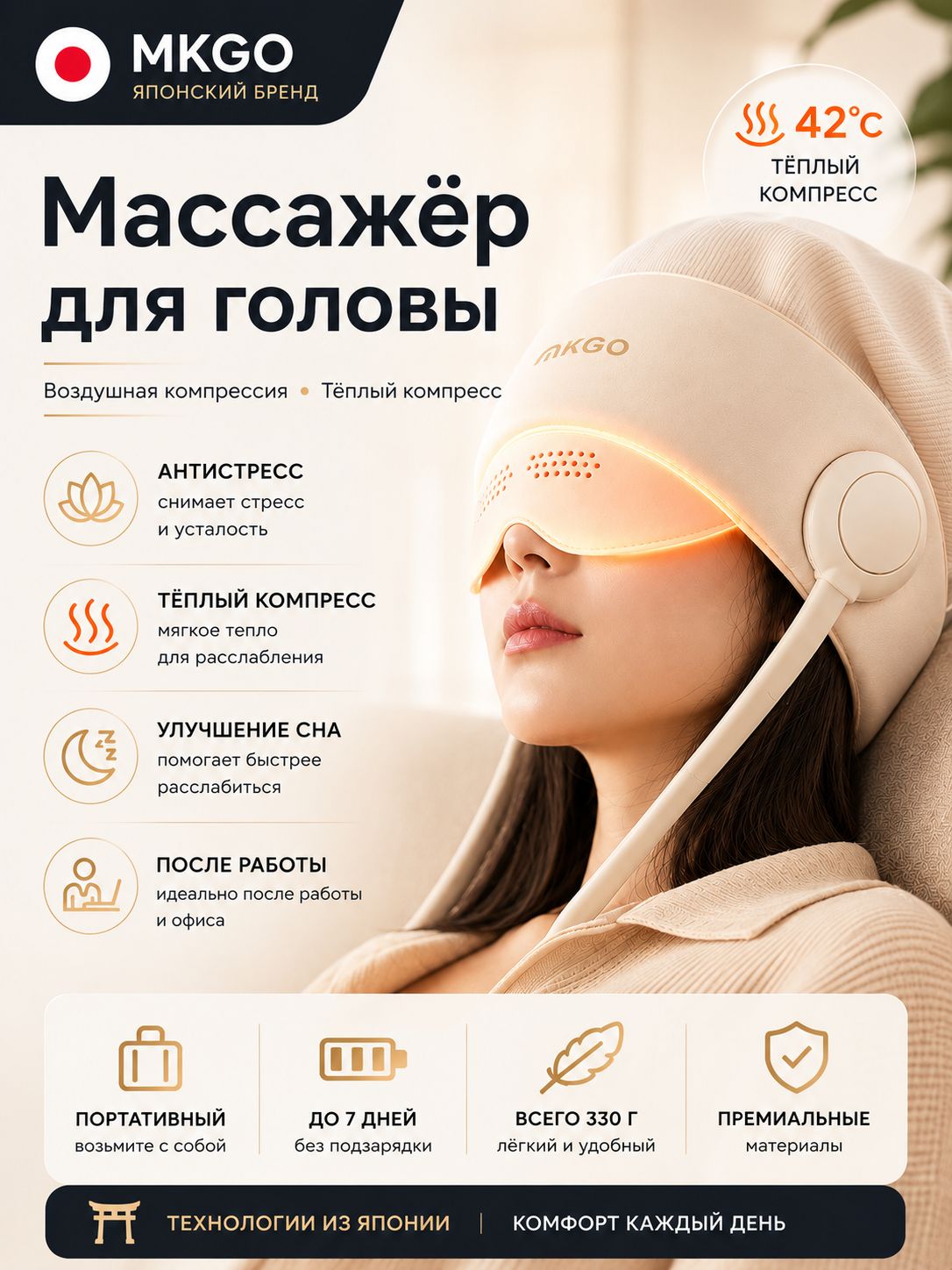 Массажер для головы MKGO компрессионный воздушный, антистресс, от головной боли и мигрени, для дома и офиса, японский бренд, подарок