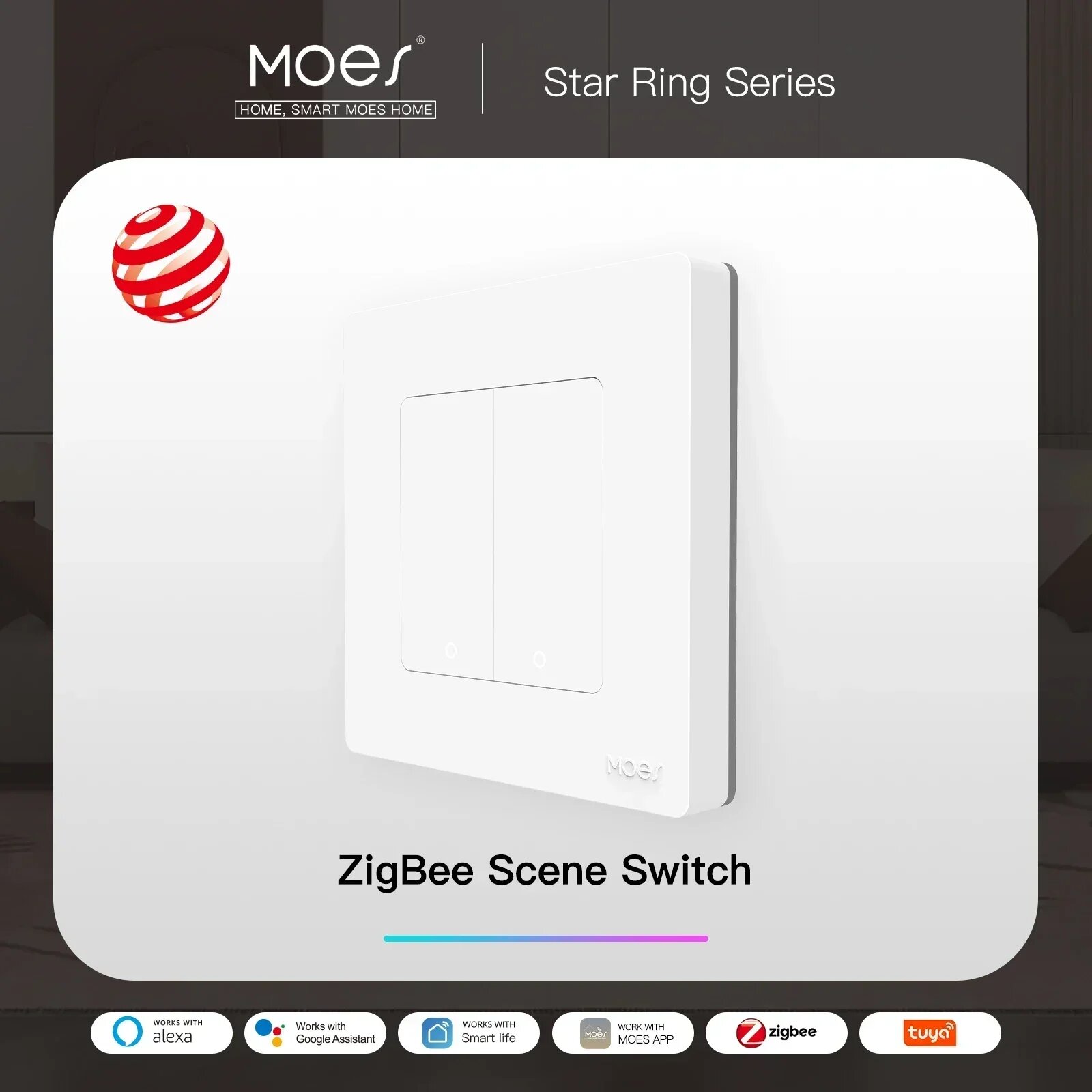 MOES ZigBee выключатель Star Ring Series, белый, 2 Gang