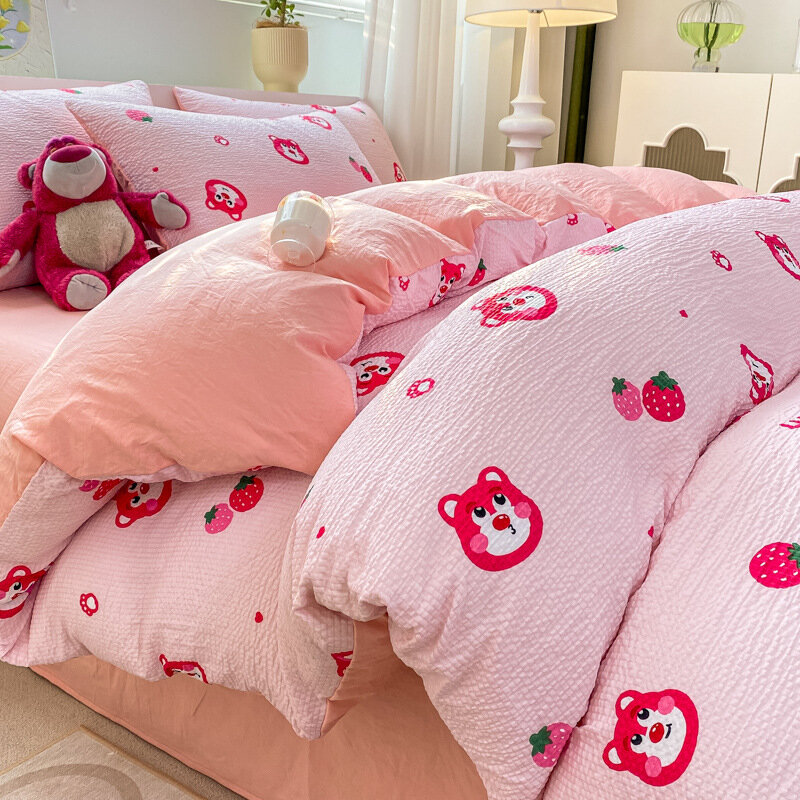 Комплект постельного белья Butterfly-Textile "Розовый мишка", выстиранный хлопок, 1-спальный, 4 предмета