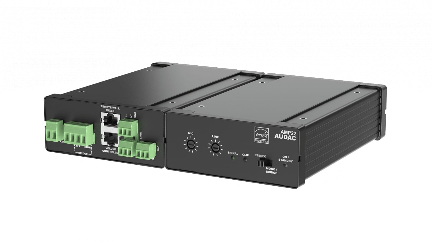 AUDAC AMP22 Миниатюрный стереофонический микшер-усилитель. Мощность (@4 Ом): 2 x 15 Вт