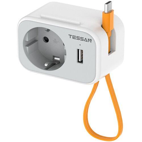 Сетевой фильтр TESSAN TS-332 -DE 1 евро розетка 3.6 кВт зарядка USB-A 2.4А USB-C кабель 3А 0.3м - без провода серый