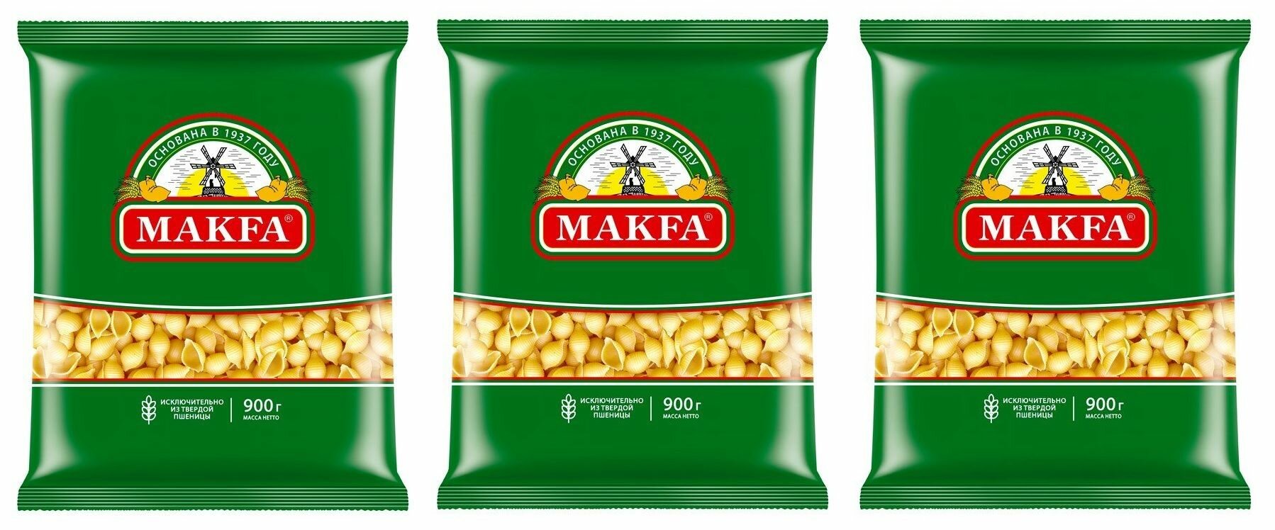 Makfa Макаронные изделия Ракушки, из твердых сортов пшеницы, 900 гр, 3 шт.