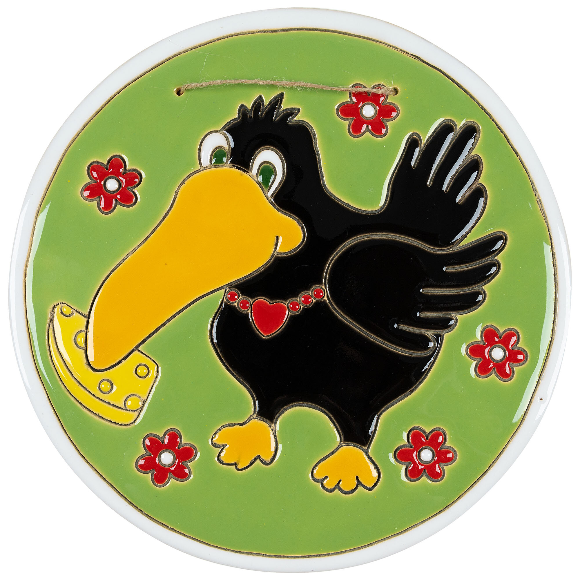 Панно декоративное Ворона с сыром (зеленый фон) керамическое авторской ручной работы