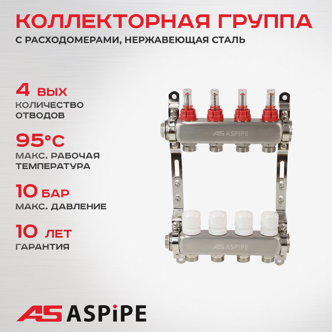 Коллекторная группа ASPiPE (AS-K004) 1"x3/4" на 4 выхода с расходомерами, нержавеющая сталь