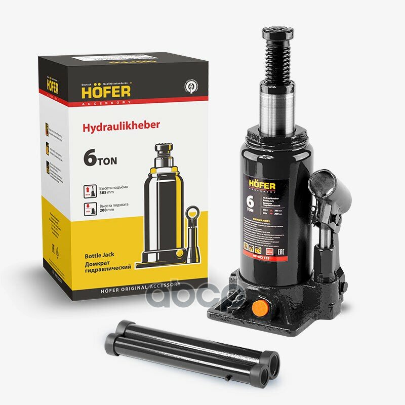 Домкрат гидравлический бутыл. 6т "HOFER" (200-385мм) (с пред. кл.) без кейса HOFER арт. HF 902 135