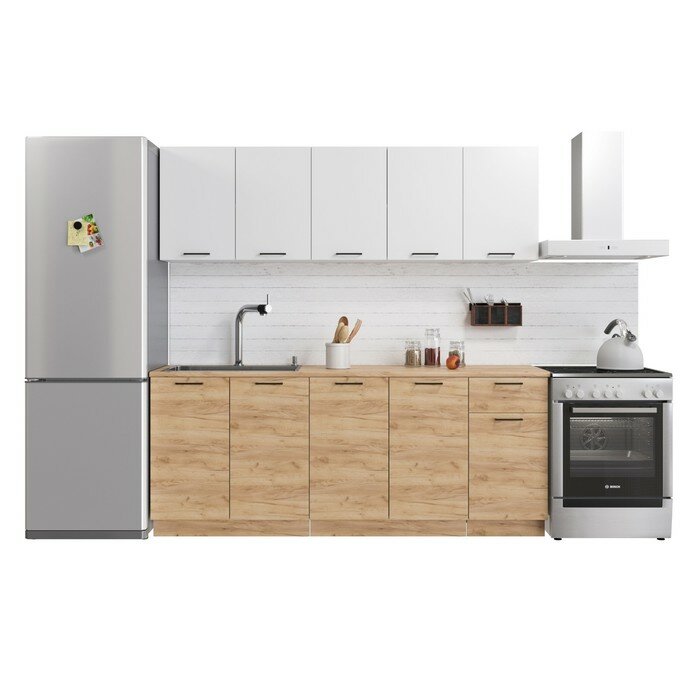 Кухонный гарнитур прямой Simple, без столешницы, 2000 мм, цвет белый/дуб золотой крафт