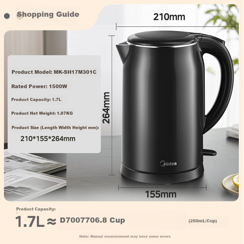 Midea Electric Kettle 1.7L Large Capacity Household Water Boiler 304 Stainless Steel Double-layer Anti-scald Seamless Inner Pot Quick Boiling MK-SH17M301C