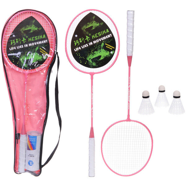 Бадминтон в наборе K-1134: 2 металлические ракетки 65 см, волан 3 шт, чехол (цвет: розовый)