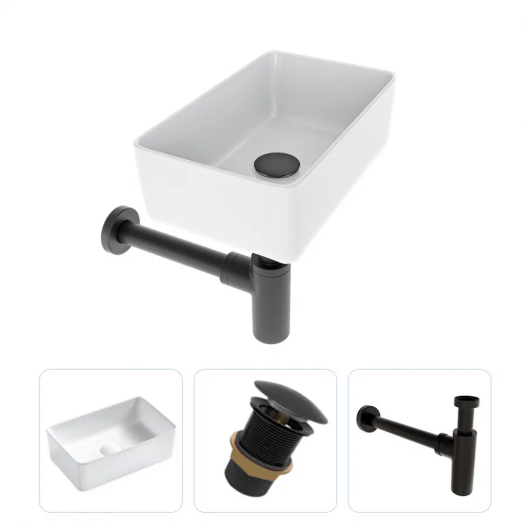 Раковина накладная Teymi Helmi Mini 38 + донный клапан клик-клак без перелива черный и сифон черный матовый F07501