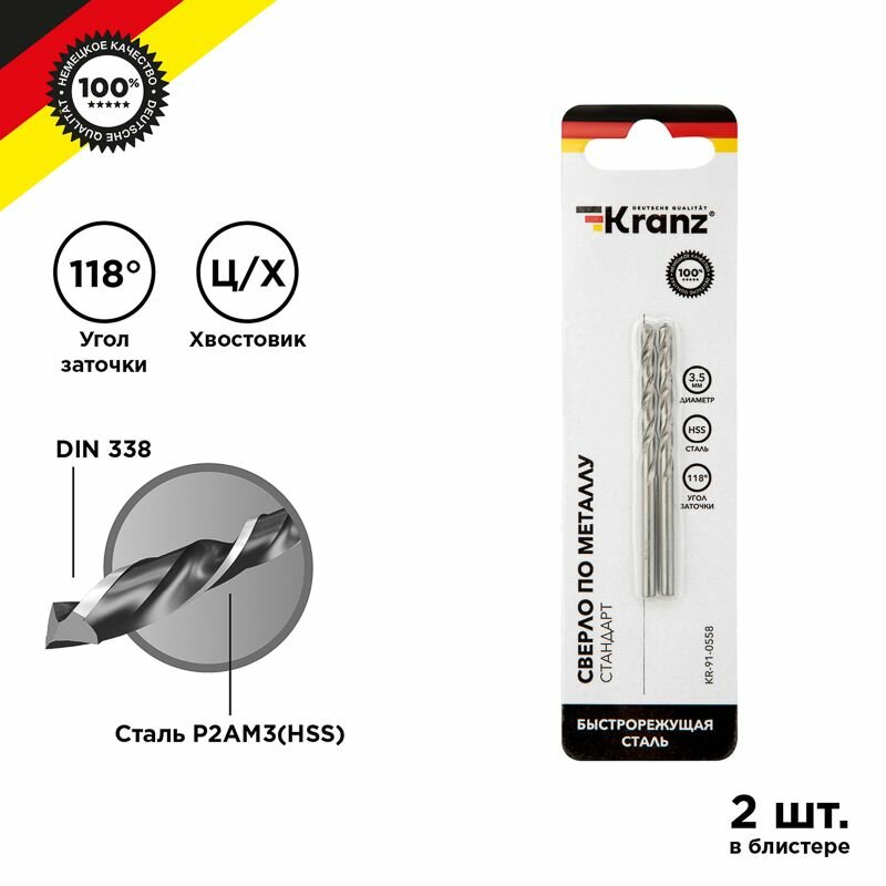 Сверло по металлу, дереву, стали и пластика 3,5х70х39мм (HSS), DIN 338, для станка, шуруповерта, дрели и перфоратора