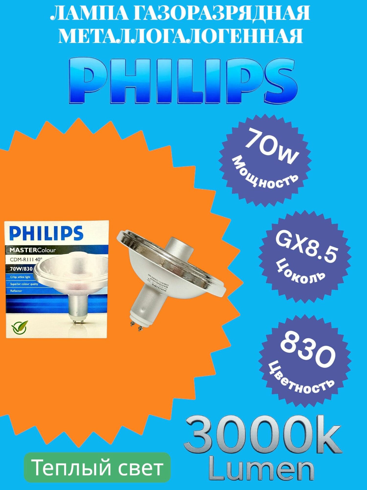 Лампа металлогалогенная Philips CDM-R111 70w/830/GX8.5